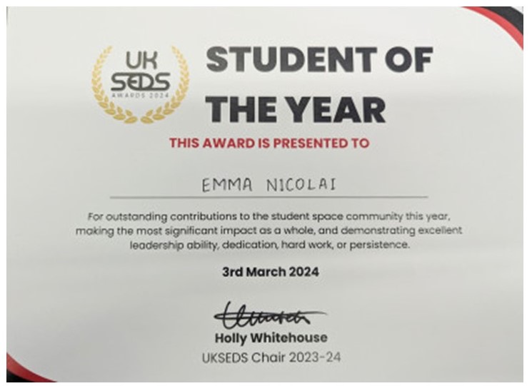 Emma Nicolai wins 'Student of the Year' at UK space exploration ...
